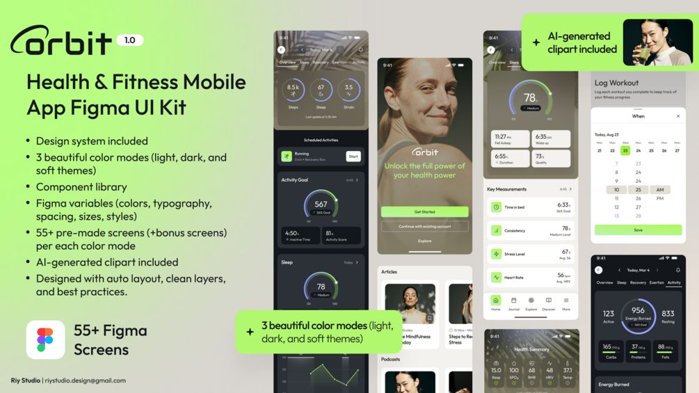 Orbit – Health & Fitness Mobile App Figma UI Kit by Riy Studio on Muzli